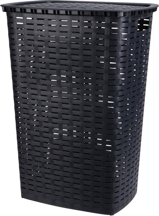 Plastic wasmand in rotan-look, 53 liter, antraciet, wasbox met deksel ...