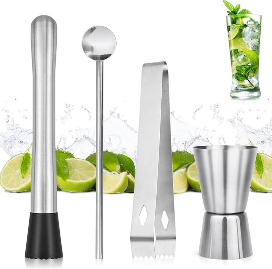 Mojito cocktailstamper, set van 4 stuks, roestvrij staal ...