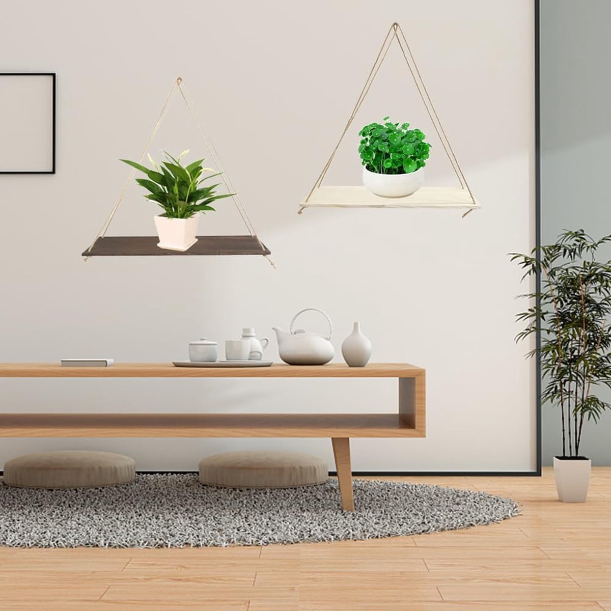 Set van 2 houtkleurige zwevende planken, wandplank met touw en haken ...