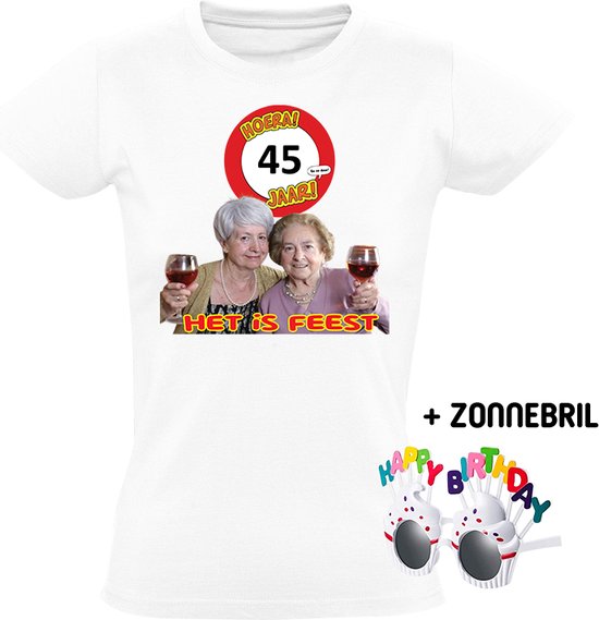 Hoera 45 jaar! Het is feest Dames T-shirt + Happy birthday bril ...