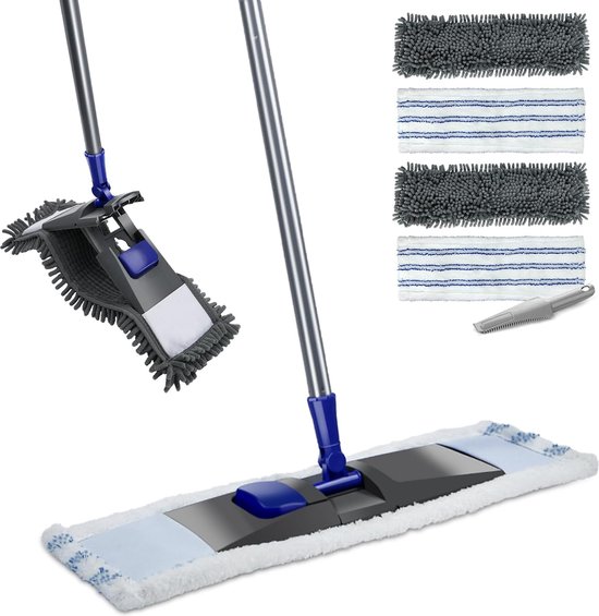 Vlakmop, microvezel-vloermop 128 cm met 4 reservekoppen, chenille-mop ...