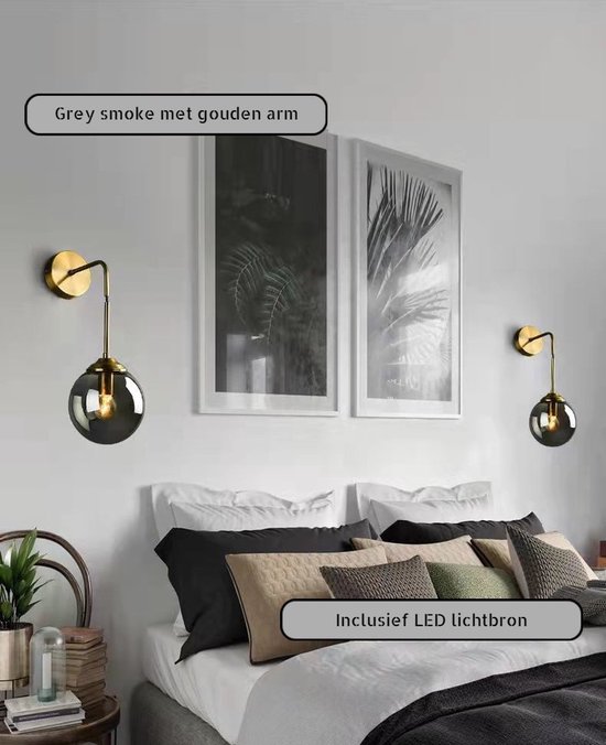 Design wandlamp | Glazen bol hangend | Met gouden arm | Smoke Grey ...