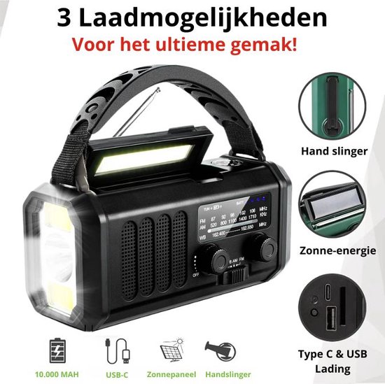Noodradio - Solar Opwindbaar 10.000mAh - MODEL 2024 - Solar powerbank ...