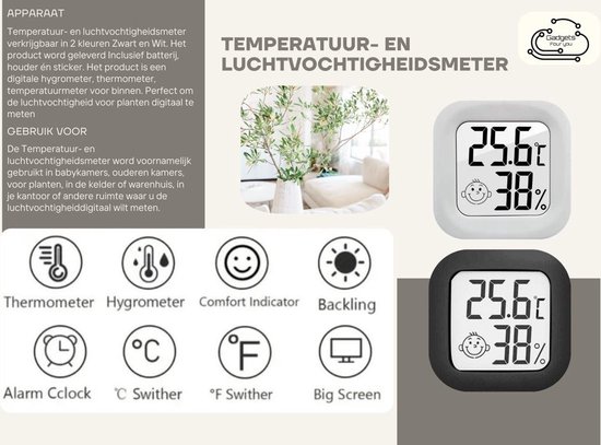 Luchtvochtigheidsmeter - Temperatuurmeter voor binnen - Hygrometer ...