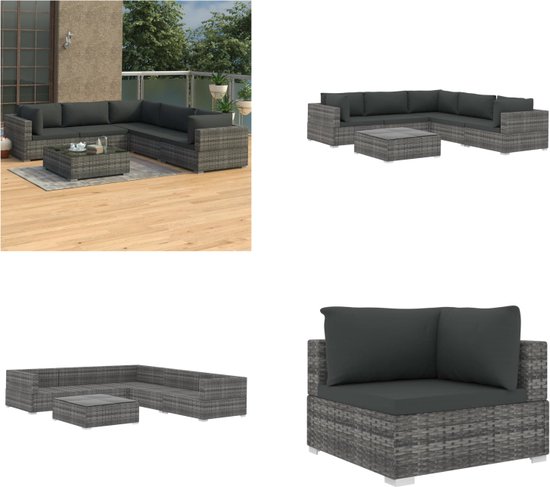 vidaXL 6-delige Loungeset met kussens poly rattan grijs - Tuin ...
