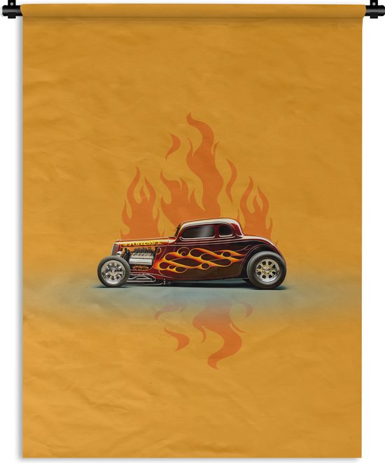 Wandkleed - Wanddoek - Auto - Vlammen - Rood - Vintage - 90x120 cm ...
