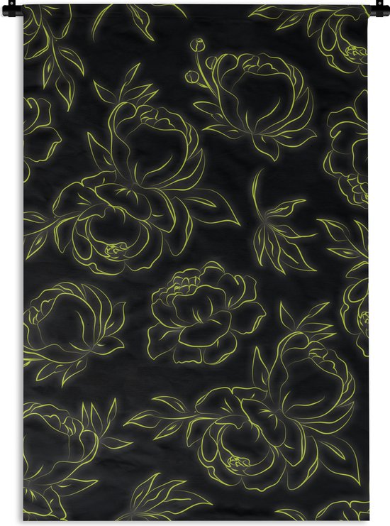 Wandkleed - Wanddoek - Neon - Patronen - Bloemen - Groen - Rozen - Line ...