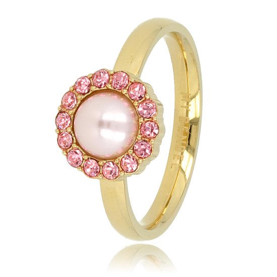 My Bendel Goudkleurige ring met roze parel en zirkonia stenen ...