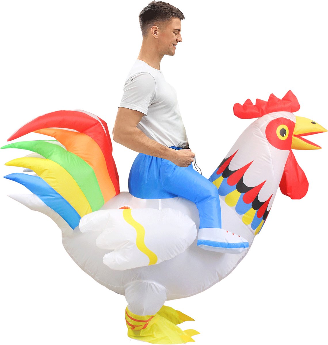 KIMU® Opblaas Kostuum Zittend op Kip Wit Regenboog - Opblaasbaar Pak ...