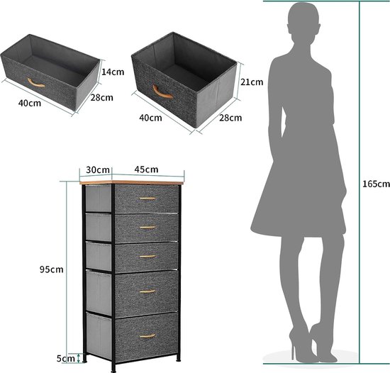 LifeStages - Smalle Ladekast met 5 Laden van Stof - Opbergkast ...
