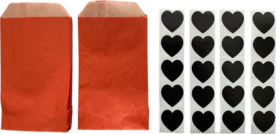 20 Rode papieren craft zakjes 7,5 x 12 cm en 20 Zwarte hartjes stickers ...