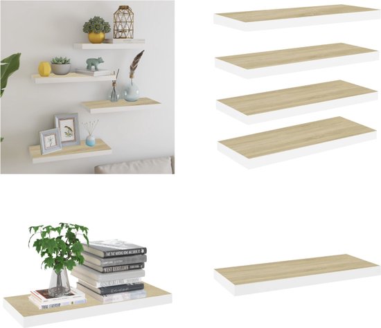 vidaXL Wandschappen zwevend 4 st 60x23-5x3-8 cm MDF eikenkleurig wit - Wandschap -... | bol