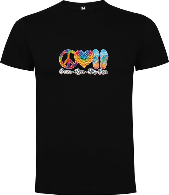 Zwart T-Shirt met “Kleurrijke Peace – Love – Flip Flops – Strand ...