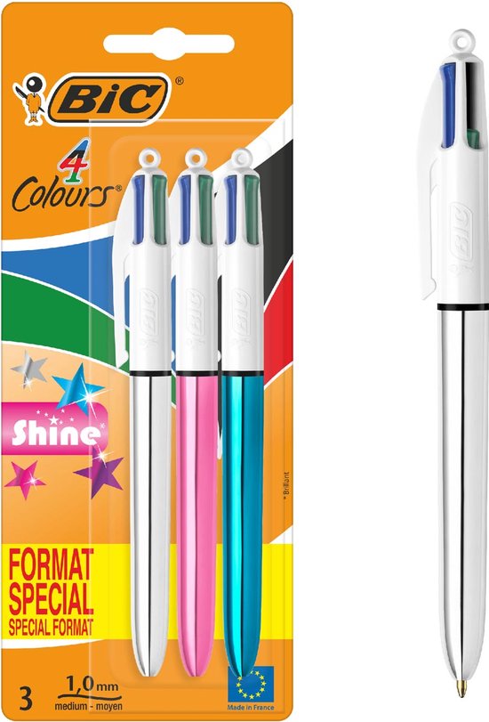 Bic Colours Shine 4-kleurenbalpen, medium, klassieke inktkleuren, blister van 3 stuks | bol