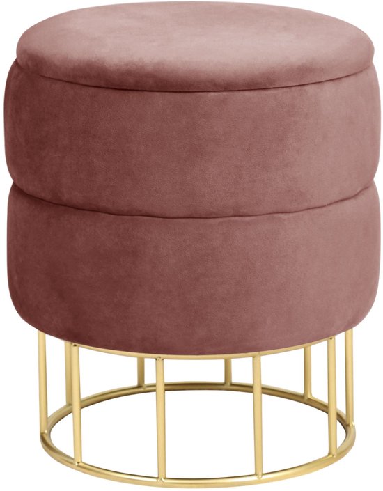 Velvet Poef Elza in Poederroze met Gouden Stalen Basis en Opbergruimte ...