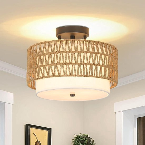 Vintage Boho Rotan Plafondlamp met Linnen Lampenkap - Rustieke Semi ...