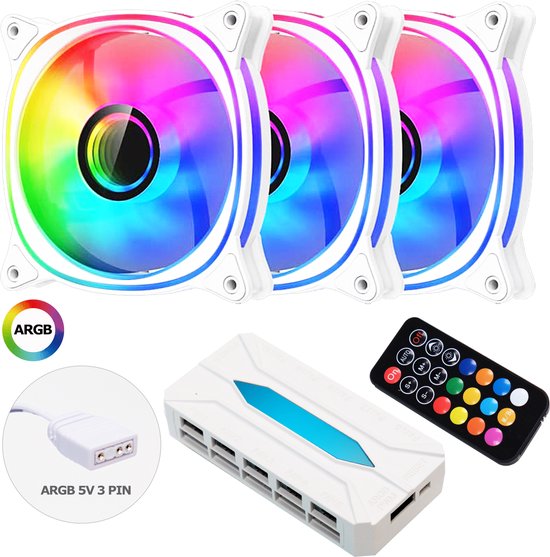 ARGB Fan x 3 - 120mm PWM Fans White Frame - Ventilatorhuis - 3 Pack ...