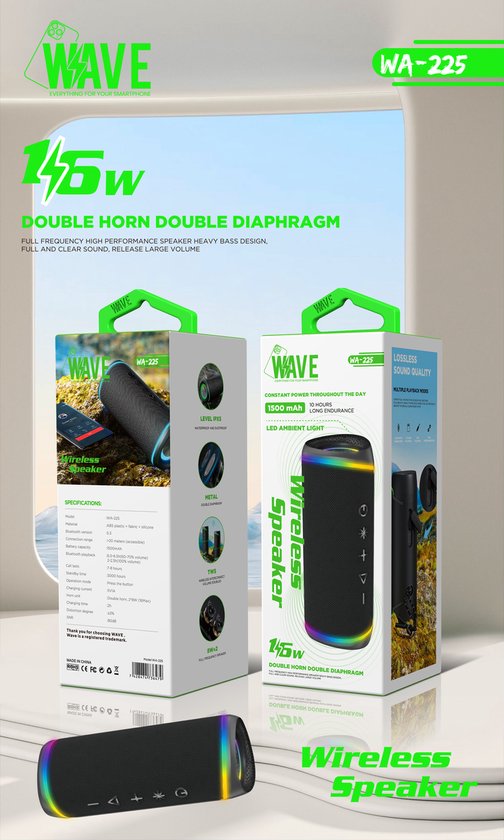 Wave Bluetooth Speaker 16W met LED - Zwart (Model WA-225) | bol