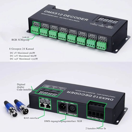 RGB DMX Decoder 24-Kanaals Met Digitaal Display DC 5V-24V 3A/CH 8 ...