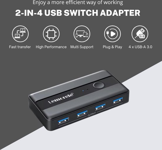Lemorele H5 USB 3.0 KVM-Switch - 4 USB-poorten - 2 Computers Delen - Plug & Play | bol