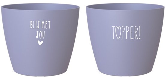 2 kleine bloempotjes met tekst - plastic - blij met jou - topper - lila ...