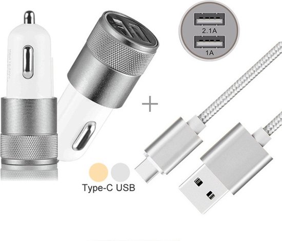 Duo 2.1A/1A Autolader adapter + USB Type C Kabel set | bol