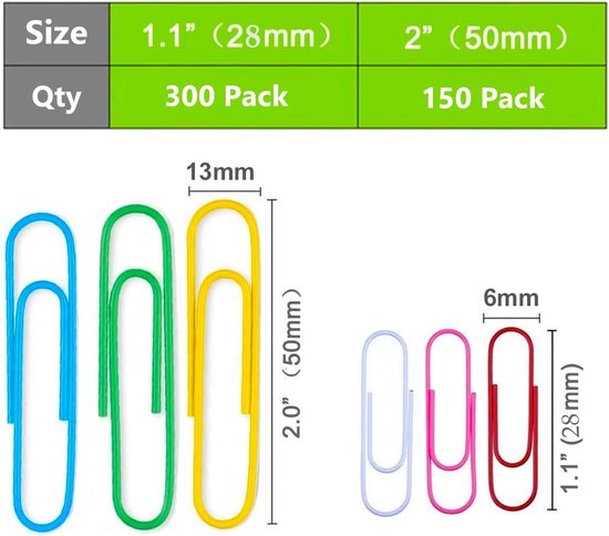 450 Stuks Paperclipset- gekleurde paperclips, klein en groot (1,1 inch ...