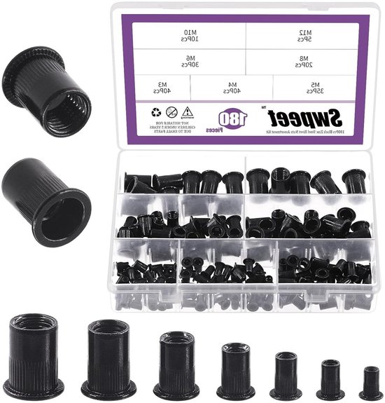 Metrische klinkmoeren assortiment 180 stuks - M3 M4 M5 M6 M8 M10 M12 zwart verzinkt... | bol