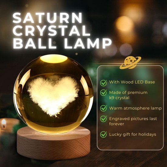 3D Kristallen Bal Heart - Nachtlampje - LED Glas Licht Hologram lamp ...