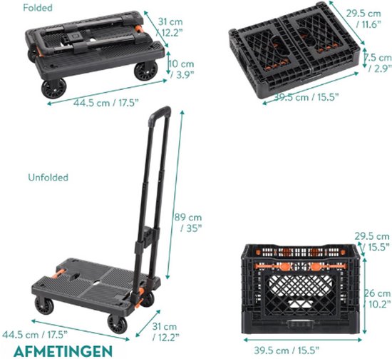 Opvouwbare Steekwagen Met Boodschappenkrat - Maximaal 50 Kg - Rubberen ...
