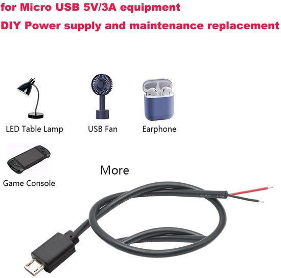 Pigtail-kabel micro-USB-stekker naar 2-polige blanke kabel 22 AWG 3 A ...