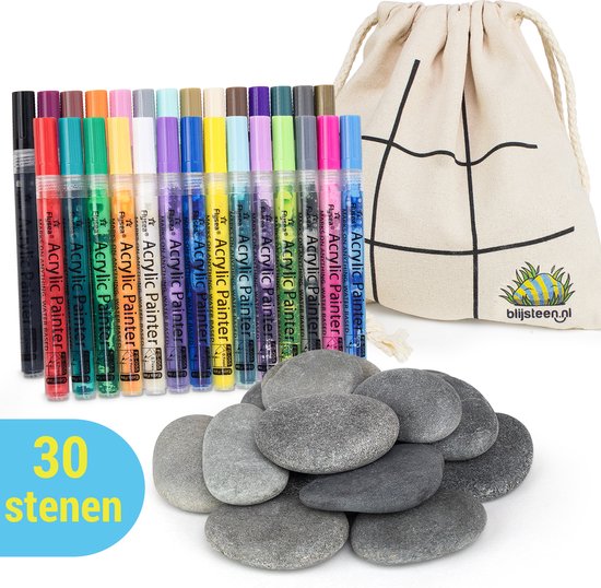 Happy Stones Pakket XL | 30 Stenen | 5-8cm | 28 Acryl Stiften | Stenen ...