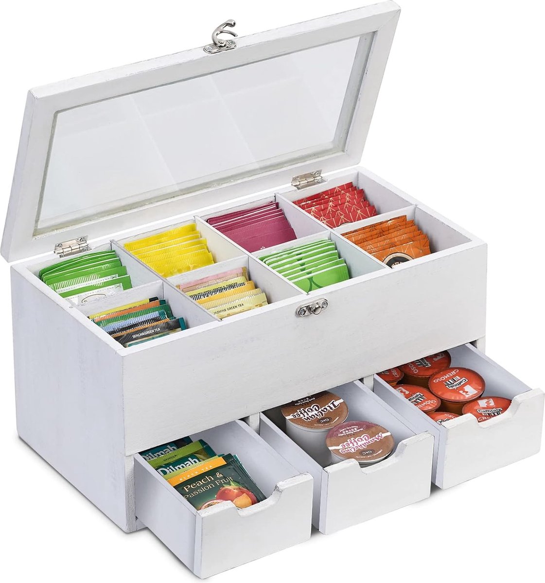 Theedoos van hout met schuifladen, witte theedozen voor theezakjes, 8 ...