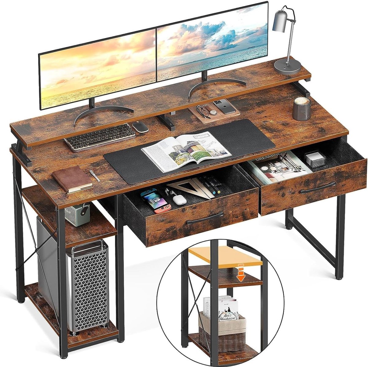Bureau met 2 laden, computertafel met planken en monitorstandaard ...