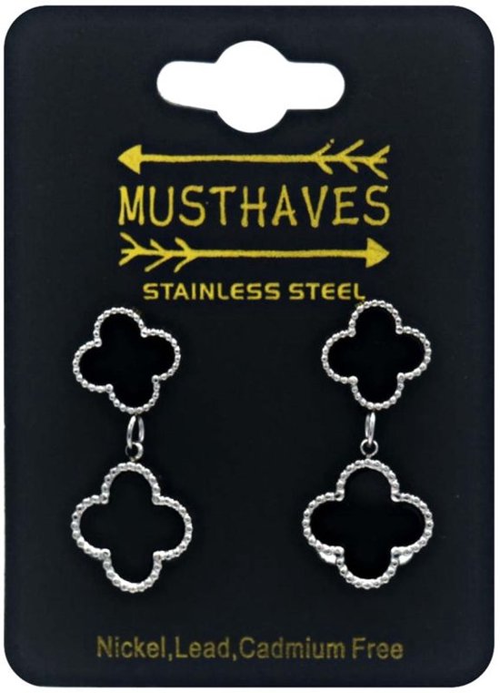 Oorbellen Klavers - Oorhangers - RVS - 3 cm - Zilverkleurig en Zwart | bol