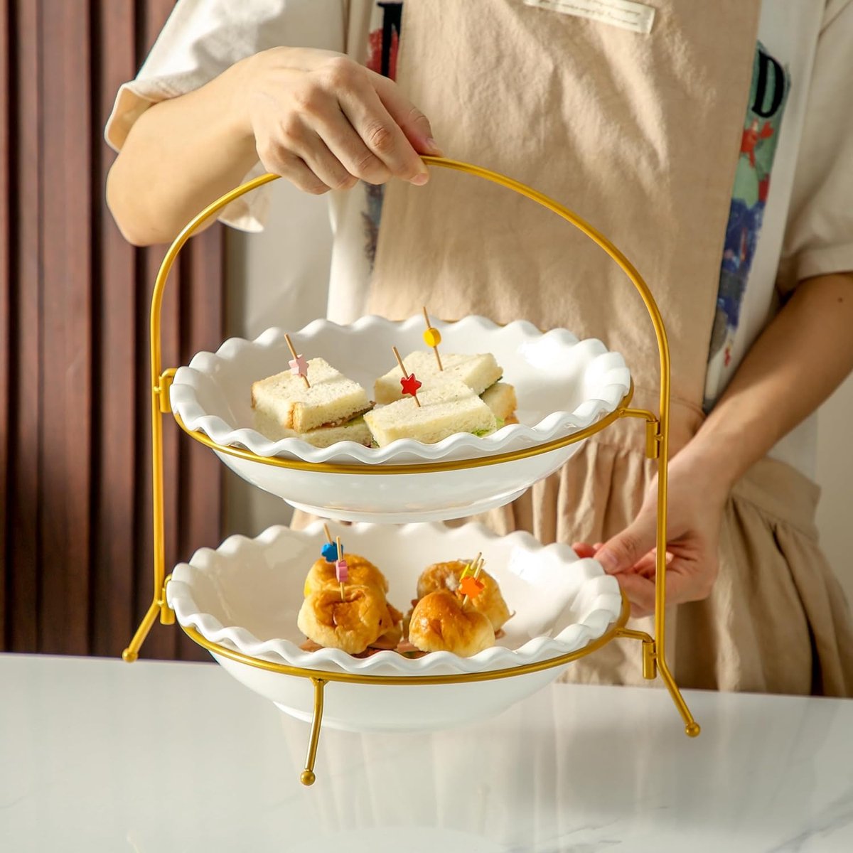 Ensemble de plateaux à 2 niveaux, support à gâteaux en céramique à 2 ...