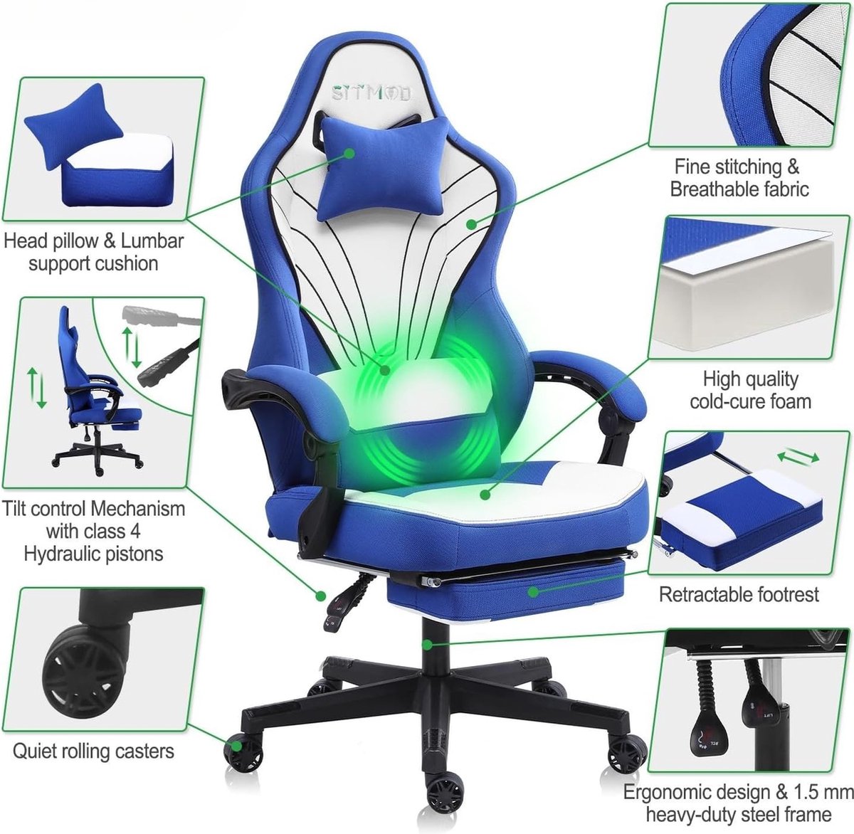 Gaming stoel, ergonomische gamingstoel met voetensteunen, pc-stoel met ...