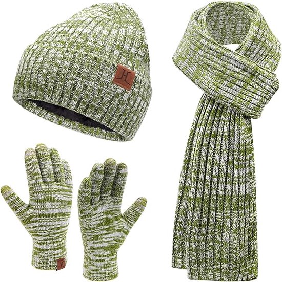Warme winterset - Groen - Beanie, lange sjaal, touchscreen handschoenen ...