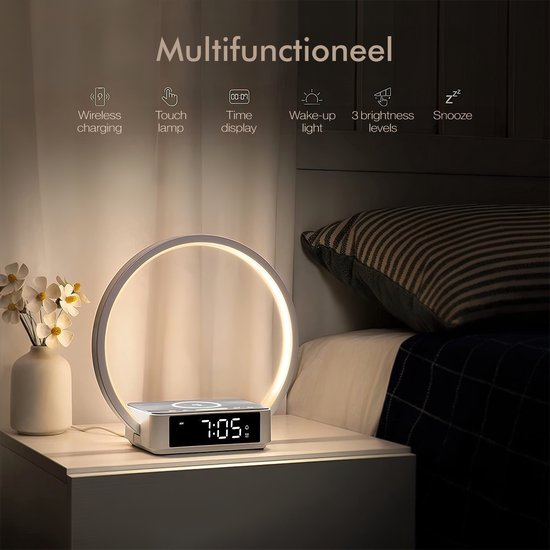 Alotic 4 in 1 Wake up light - Digitale wekker - Draadloze oplader - Leeslamp - Nachtlamp | bol