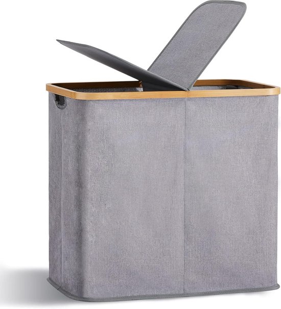Wasmand met deksel, 2 compartimenten, wasmand, 90 L, opvouwbare wasbox, bamboe,... | bol