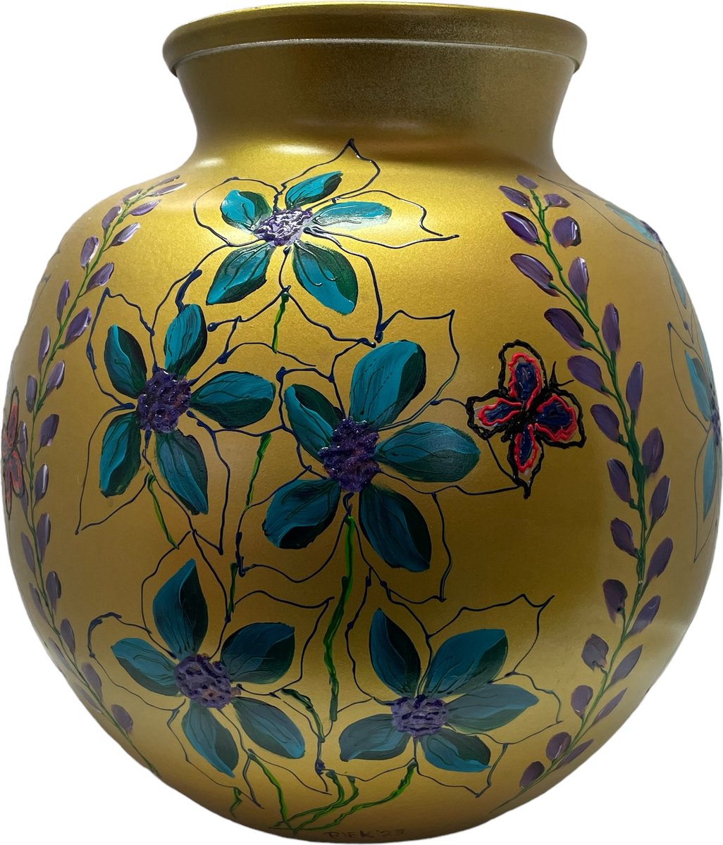 Handbeschilderde bol vaas kleur goud met bloemen en vlinders | bol