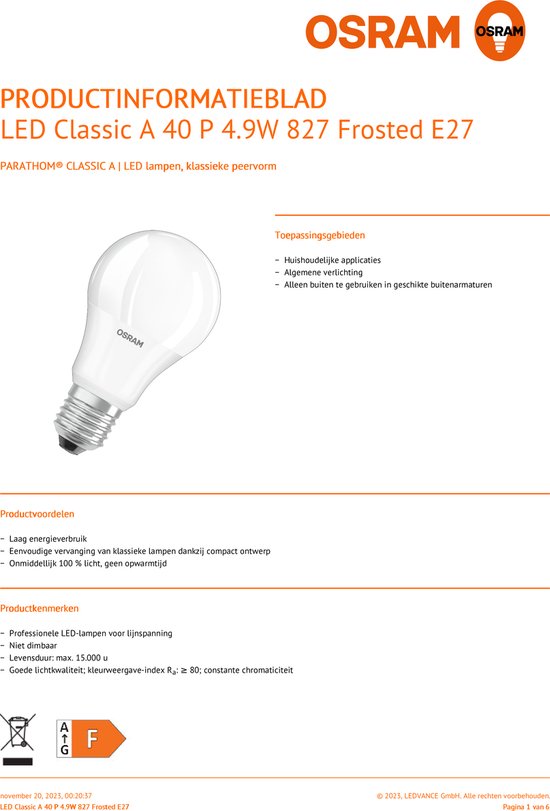 Osram LED Classic A 40 P 4.9W 827 Frosted E27 - 10pack | bol