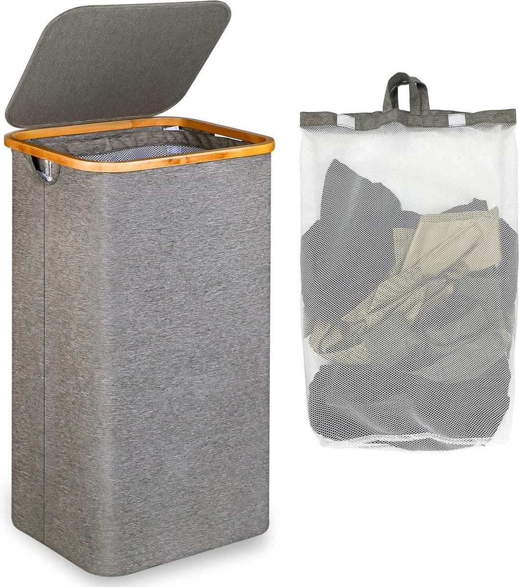 Wasmand met deksel, 100 liter hoge wasmand met bamboe handvat en ...