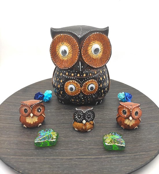 Houten Uil Set 15cm met Baby Decoratie Handgesneden Geluks Uil Ambacht ...