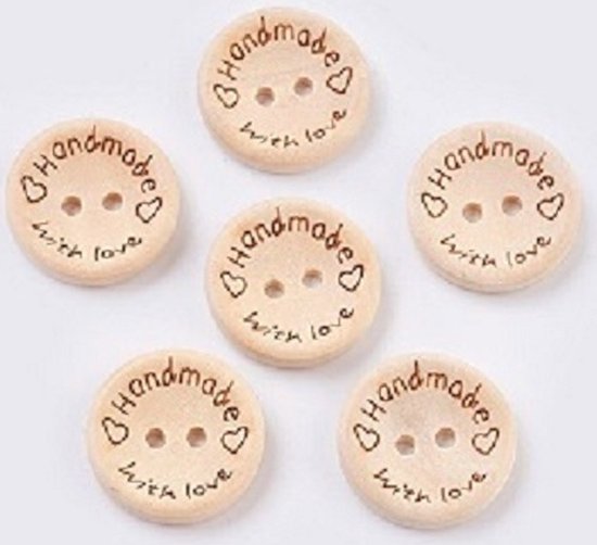 Houten knopen, 15x3mm, met tekst 'Handmade with Love'. Per 100 stuks ...