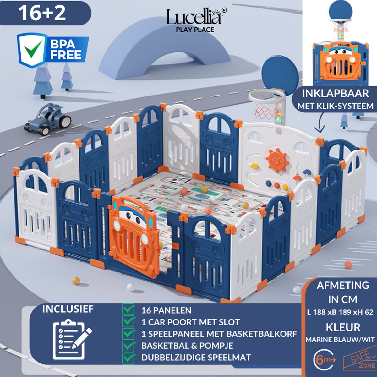 Lucellia grondbox – Inklapbare box – Met speelmat - Blauw 188x189cm ...