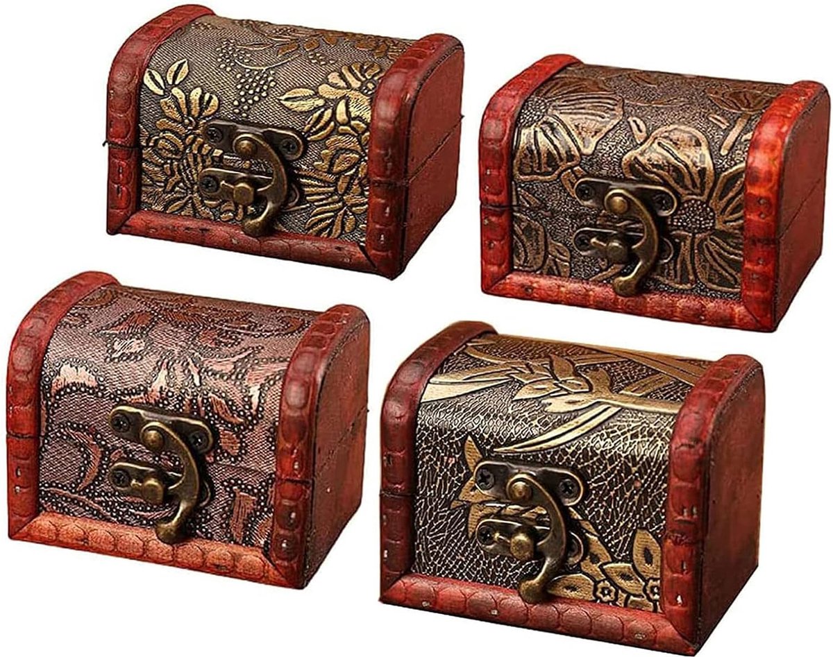 4 pieces, mini wooden treasure chest, small wooden treasure chest ...