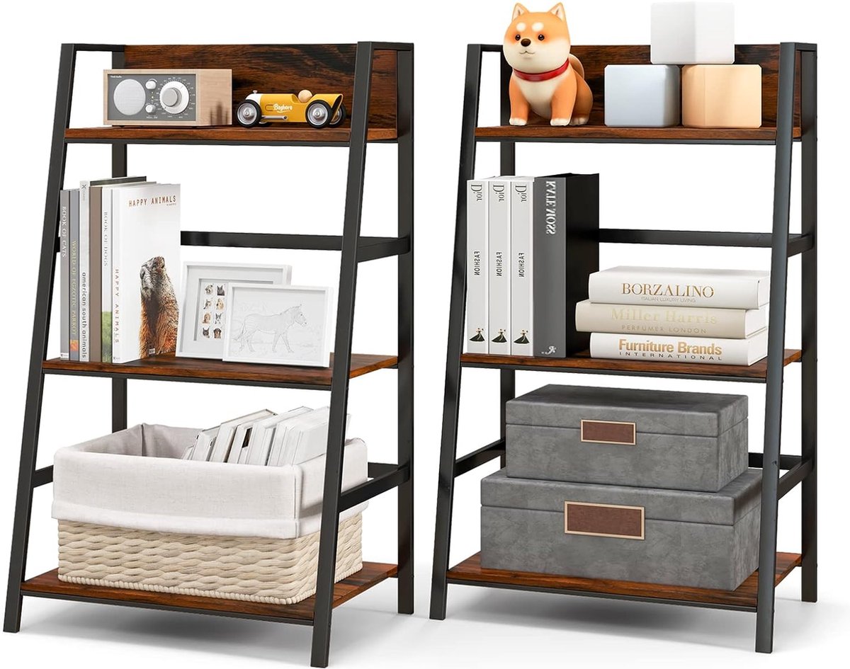 Boekenkast, ladderrek met 3 niveaus, houten opbergrek met metalen frame ...