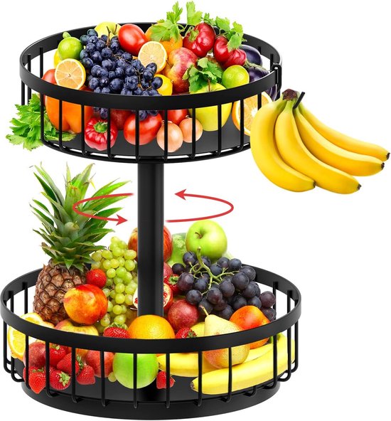 Fruitmand zwart, 2 etages, fruitschaal, etagère groot voor meer ruimte ...