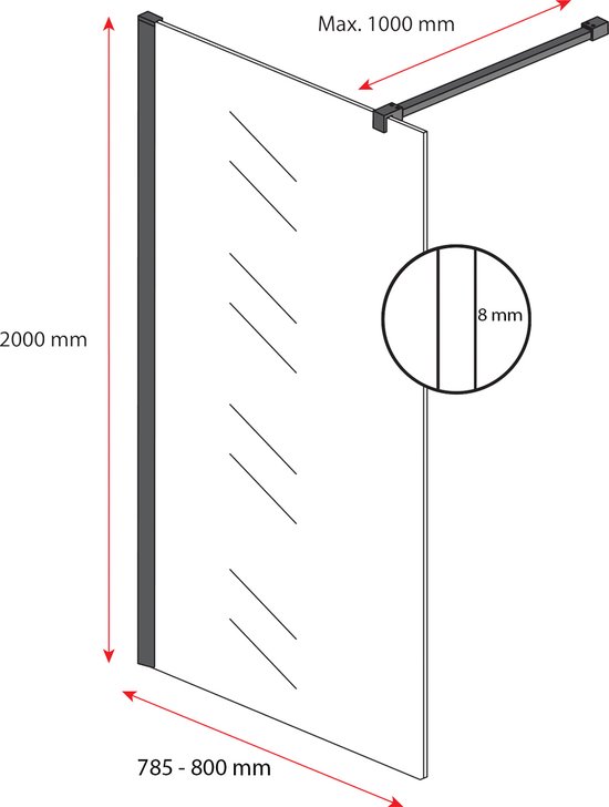 Badplaats Douchewand Florida 80 cm x 200 cm - Zwart – Inloopdouche 8 mm ...